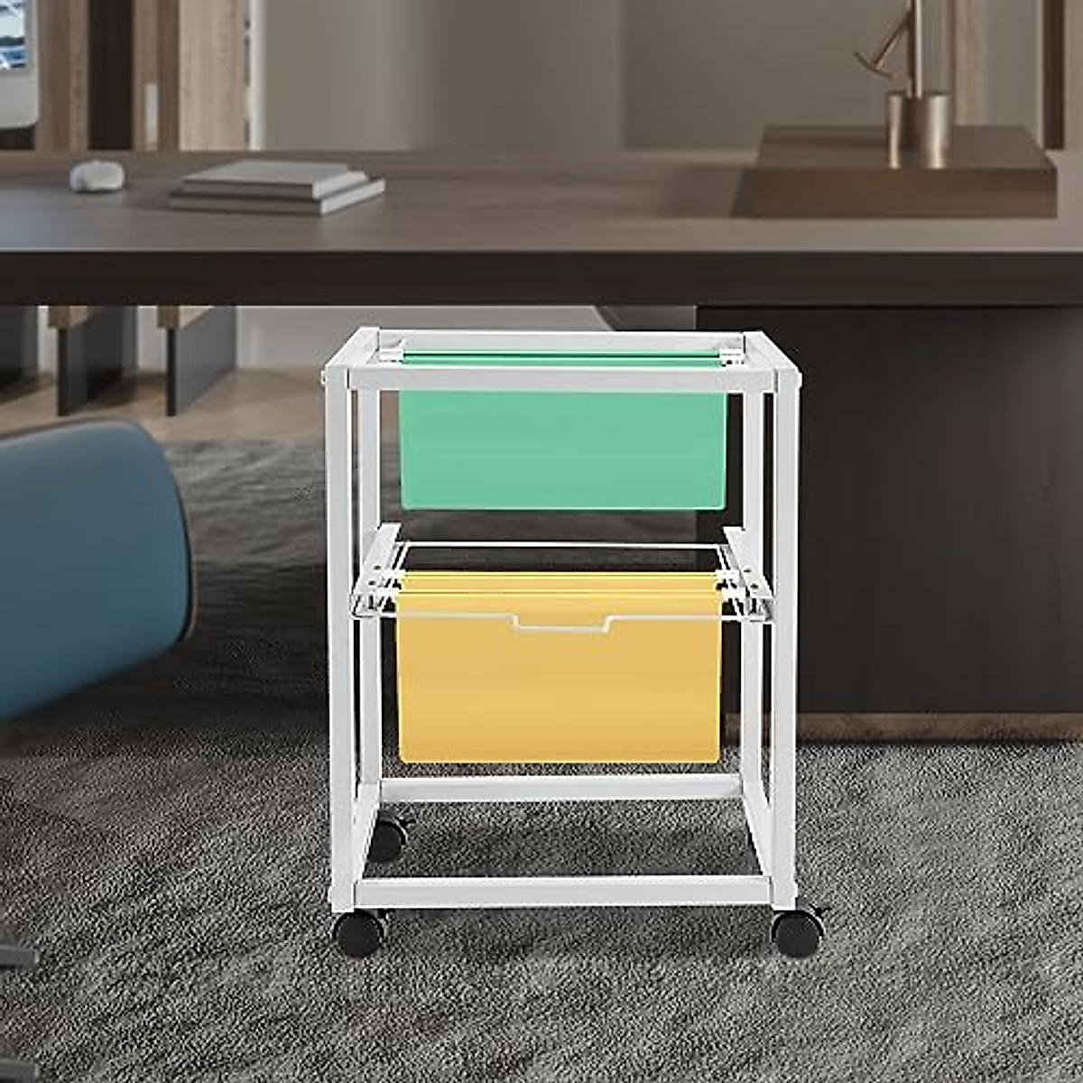CNCEST 2 Tiers Metal Rolling File Carts, Hanging Files Movable Pull-Out File Cart, With Wheels Metal Carts, For Home Office-White