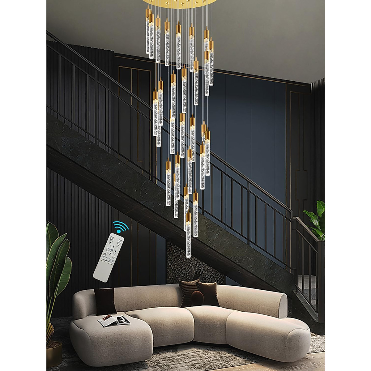 Flashing God Gold 28 Lights Large Foyer Chandeliers for High Ceilings 12 feet Long Spiral Stair Pendant Chandelier Crystal Ceiling Light Fixtures Dimmable 2700k-4500k-6000k