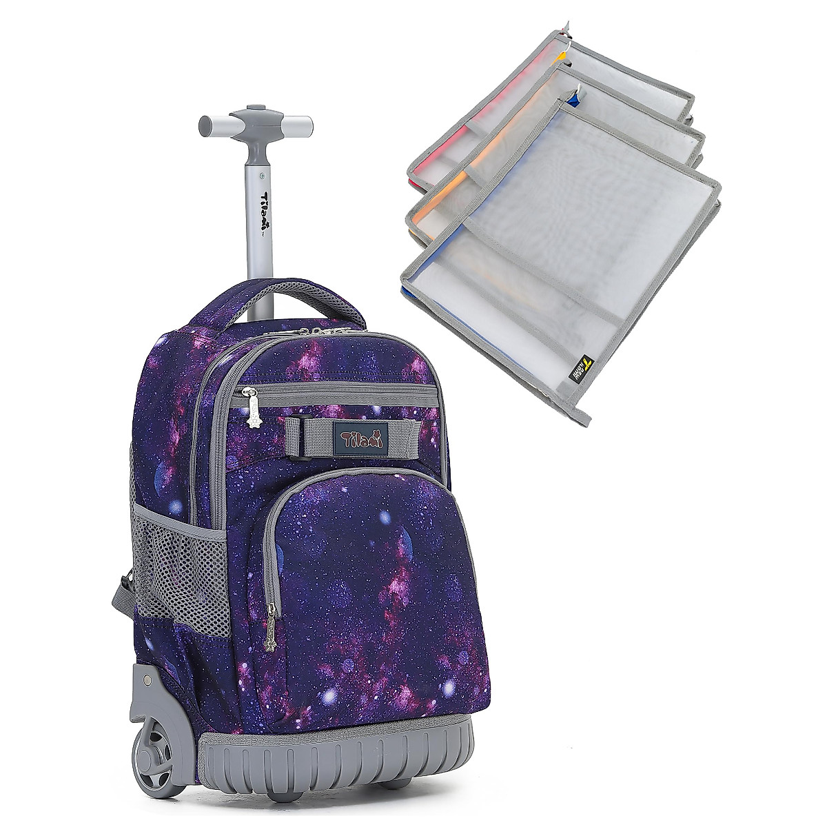 NEW TILAMI 18 Inch Rolling Backpack with Zipper Mesh Pouch Boys Girls Wheeled Laptop Backpack for School Travel Trip Backpack, Purple Galaxy
