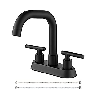 Cinwiny Matte Black 4 inch centerset Bathroom Sink Faucet Two Handle Vanity Lavatory Faucet Swivel Spout 360 Degree Deck Mounted Mixer Tap Water Supply Hoses
