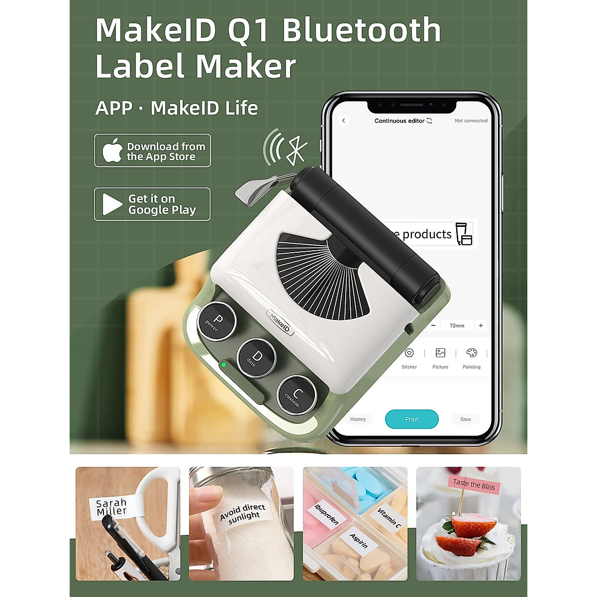 Makeid Label Printer HD(300dpi), Portable Bluetooth Handheld Label Maker Machine with Tape, Multiple Templates Compatible with iOS Android Easy to Use Rechargeable Labeler