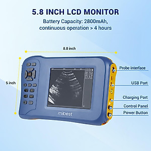 Mibest Portable Veterinary Ultrasound Scanner for Pregnancy Check 5.8 Inch LCD Screen - Handheld Veterinary Ultrasound System with 3.5 MHz Convex Probe - Durable for Farm and Small Animal Use