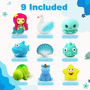 Light Up Bath Toys, 9pcs No Hole Mold Free Toddler Flashing Colourful Bathtub Mermaid Toy, Floating Rubber Shower Toy for 6 to 12 Months Infant Baby Age 1-3 Kids Boy Girl Birthday
