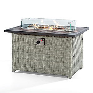 Joyside Rattan Firepit Table - Outdoor CSA-Certified 43 Inch 50000 BTU Propane Fire Pit Table with Windshield Glass & Gas Tank Holder, Auto-Iginition