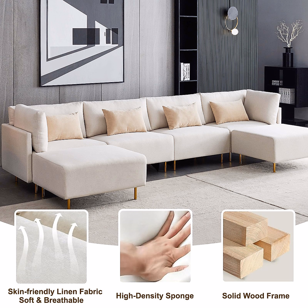 Anewome 143" Modular Sectional Sofa, Linen Fabric 4 Seat U-Shaped Couch with Ottoman Comfy Modern Convertible Sectional Sofa for Living Room Upholstered Boho Sofa with Metal Legs, Beige+Brown Pillow