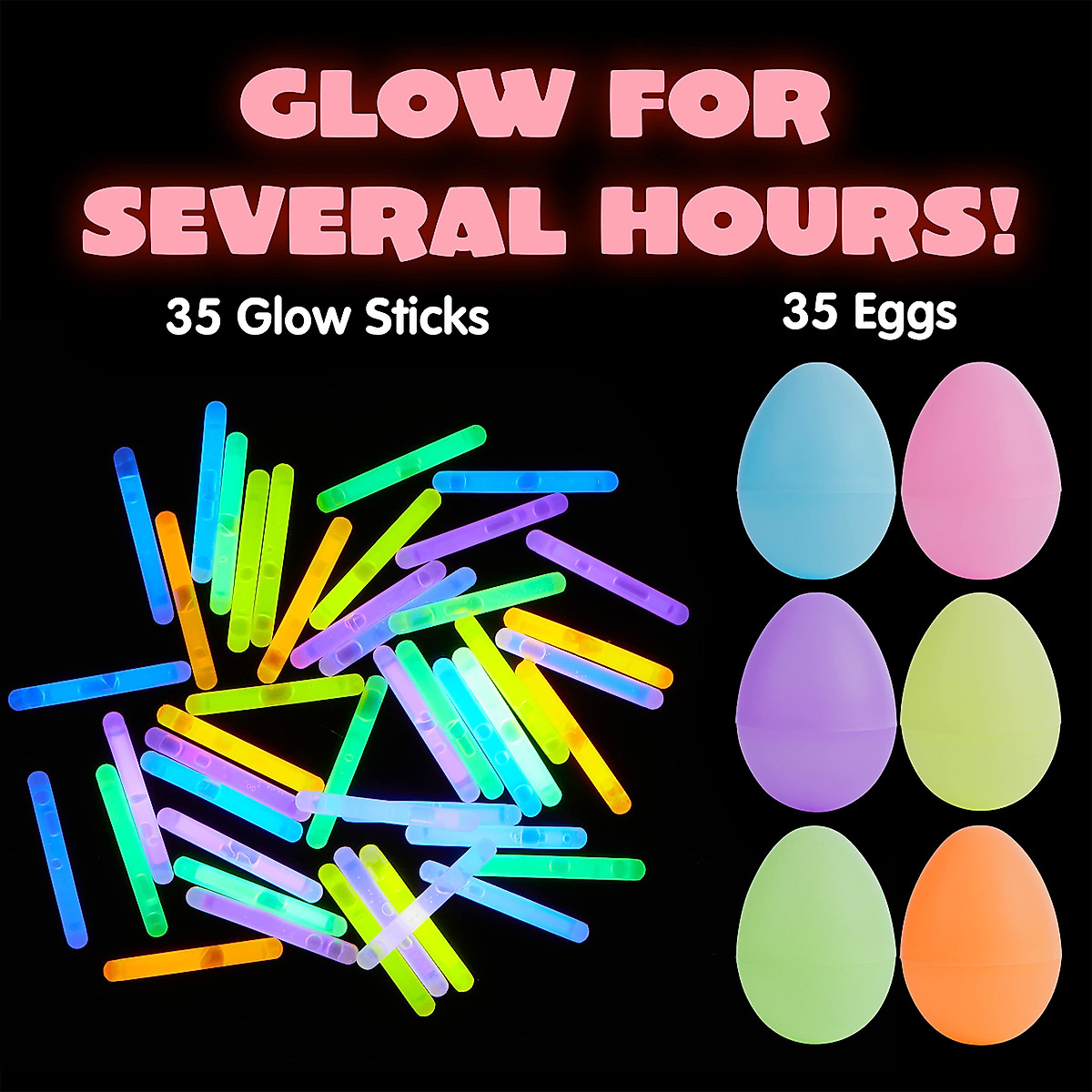 JOYIN 35 Easter Eggs with Mini Sticks (70PCs Total) for Kids Glow-in-The-Dark Basket Stuffers Fillers Gift, Easter Hunt Game Party Favors Decorations Supplies, Classroom Prizes.