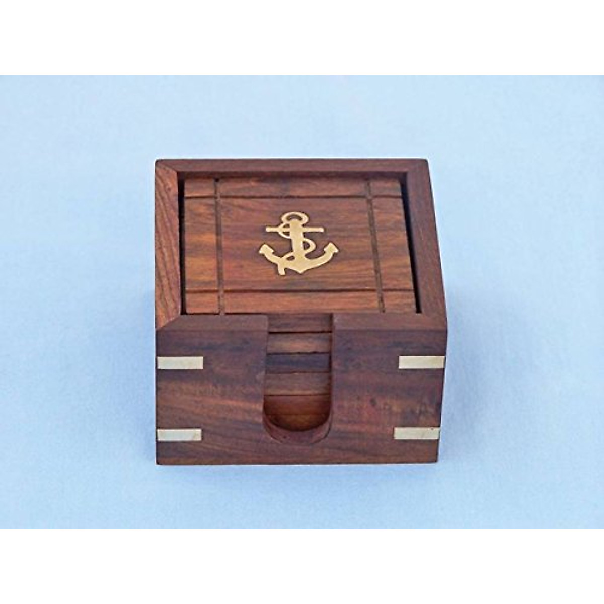 Hampton Nautical Wooden Anchor Coasters with Rosewood Holder (Set of 6), Brown, 3"