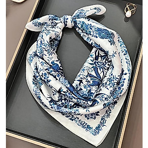 FEIBOON Mulberry Silk Scarfs Neck Scarf 21"x21" Small Square Scarfs hair scarf bandana for Women Gift Packed (White and blue flowers)