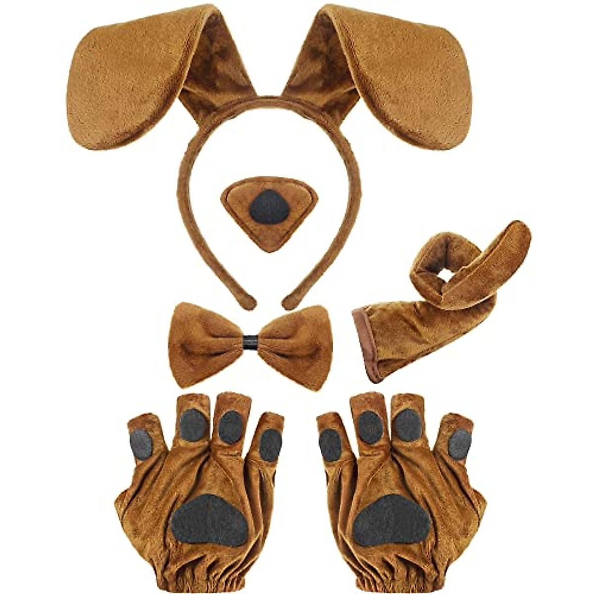 5 Pieces Puppy Dog Costume Set Included Dog Ears Headband Bowtie Fake Nose Tail Puppy Paw Gloves Animal Costume Accessories for Halloween Cosplay Party (Light Brown) Medium