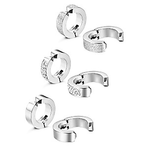 Jstyle 3 Pairs Stainless Steel Mens Womens Hoop Earrings Clip On CZ Non-Piercing S