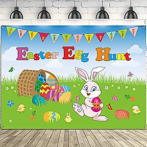 Easter Party Decorations Large Fabric Easter Egg Bunny Hunt Background Banner and Chick Sign Easter Hunt Game Banner Poster Photo Booth Backdrop with Rope for Spring Easter Party Supplies 7 x 5 ft