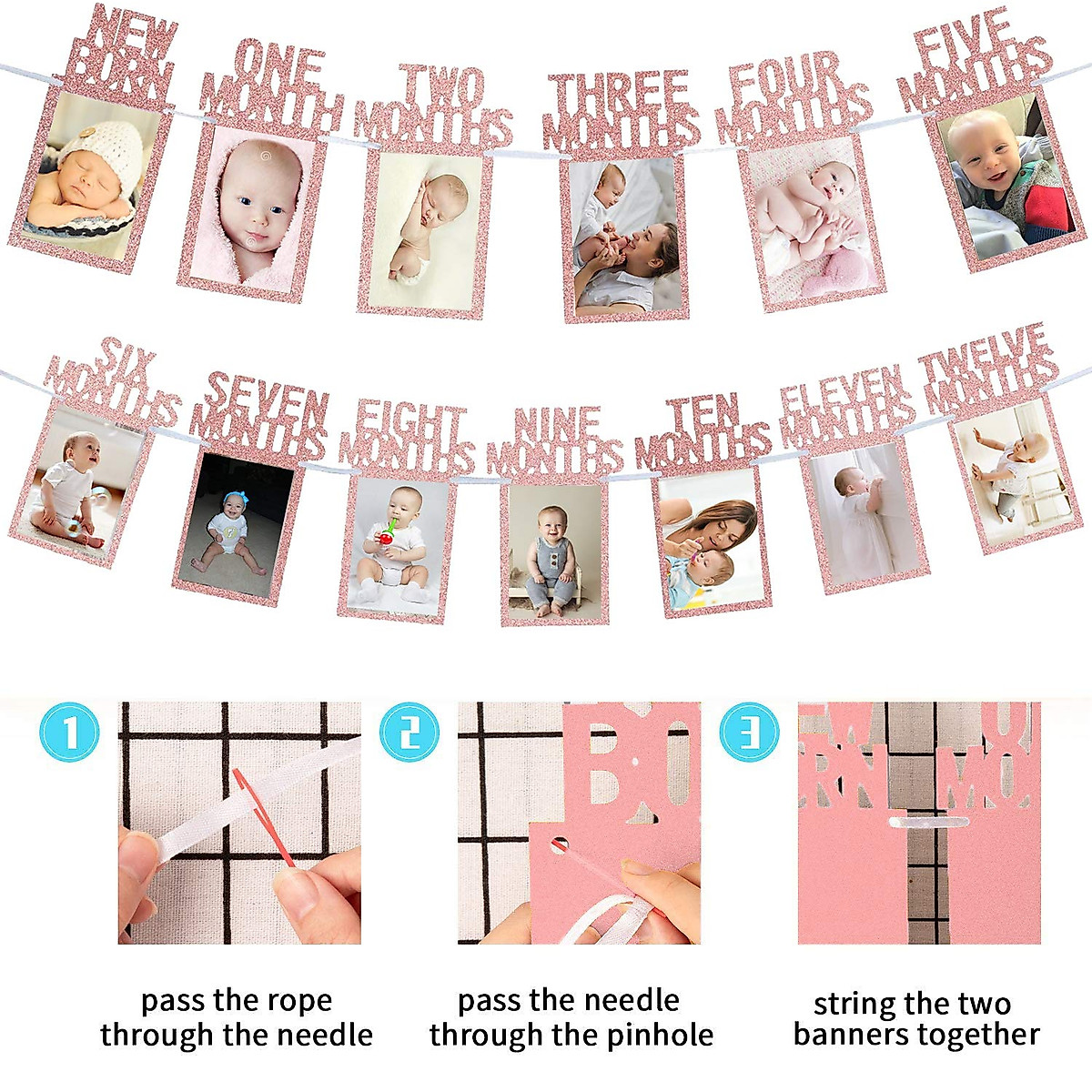 Rose Gold 1st Birthday Baby Photo Banner for Newborn to 12 Months And Alphabet ONE Bunting, Alphabet ONE Cake Topper for Baby Show First Birthday Party Decoration