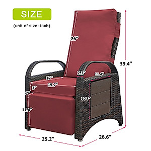 Skypatio Indoor/Outdoor Wicker Recliner Chair, Independently Adjustable Backrest and Footrest Patio Recliner Lounge Chair with Flip Side Table(Red)