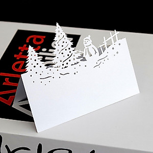 Christmas Table Place Cards, Name Cards, Christmas Place Cards, 50 Pack Buffet Food Tent Labels, Double Design Name Cards, Scored for Easy Folding, Christmas Party Decorations (Christmas Tree Snowman)