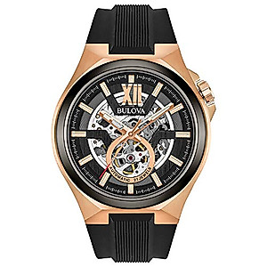 Bulova Men's Classic Maquina Rose Gold Stainless Steel 3-Hand Automatic Watch with Black Silicone Strap, Skeleton Dial Style: 98A177