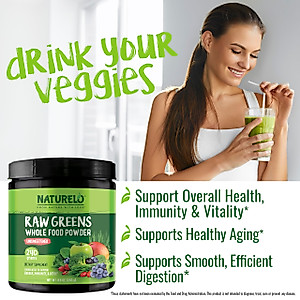 NATURELO Raw Greens Superfood Powder - Unsweetened - Boost Energy, Detox, Enhance Health - Organic Spirulina - Wheat Grass - Whole Food Nutrition from Fruits & Vegetables - 240 Grams