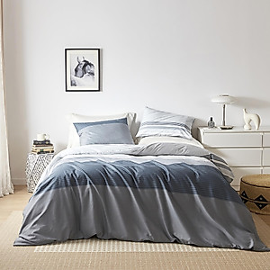 YuHeGuoJi Teal Blue Geometric Duvet Cover King 100% Cotton 3 Pcs Set 1 Neutral Grey Striped Duvet Cover with Zipper Ties 2 Pillowcases Modern White Pinstripe Bedding Set