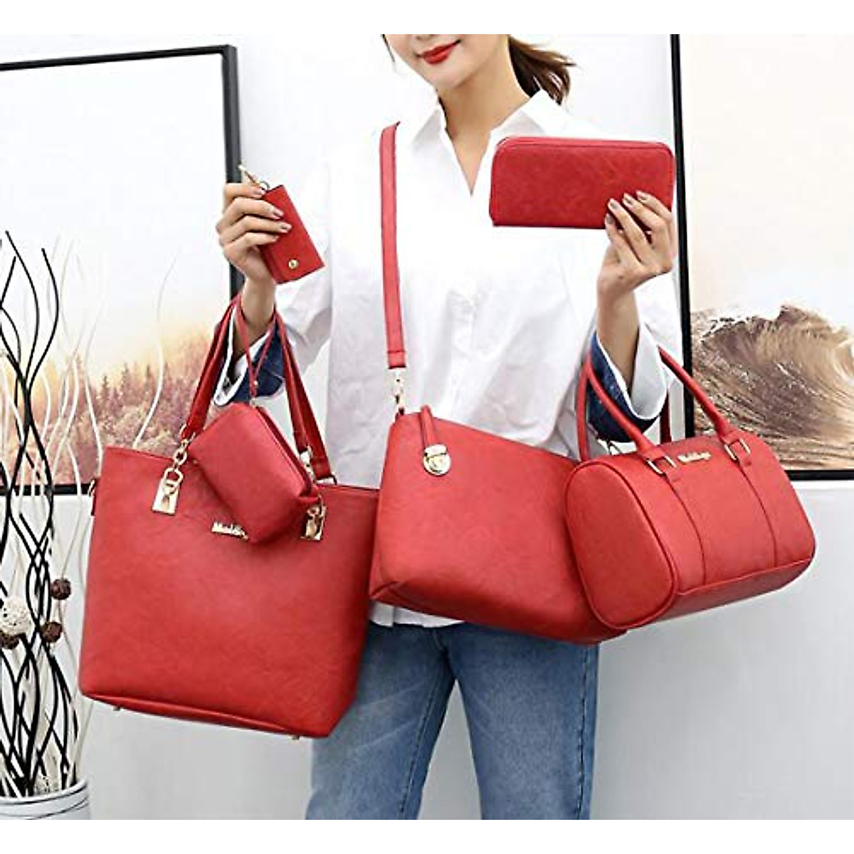 GJGJTER Synthetic PU Leather Tote for Women Satchel Crossbody Hobo 6pcs Handbags Shoulder Wallet Card Nail Clipper Bag-Gray