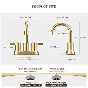 Brushed Gold 4 Inch 2 Handle Centerset Lead-Free Bathroom Faucet, Swivel Spout with Copper Pop Up Drain and 2 Water Supply Lines, BF015-1-BG