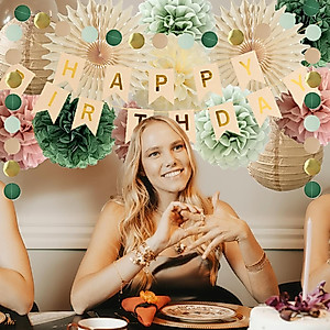 Sage Green and Dusty Pink Birthday Decorations Sage Green Paper Pom Poms Paper Fans Happy Birthday Banner for Women Girls Neutral Birthday Baby Shower Party Decor Supplies