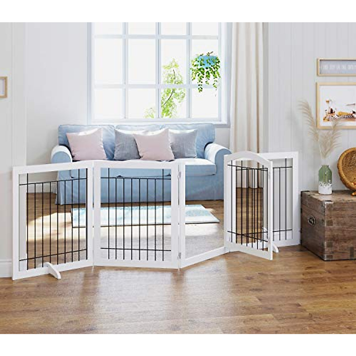 SPIRICH 96-inch Extra Wide 30-inches Tall Dog Gate with Door Walk Through, Freestanding Wire Pet Gate for The House, Doorway, Stairs, Pet Puppy Safety Fence, Support Feet Included (White)