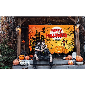 Halloween Party Decorations, Large Fabric Halloween Backdrop Pumpkin Lantern Cemetery Gate Spooky Night Banner Orange Moon Pumpkin Castle for Scary Halloween Party Supplies (Orange)