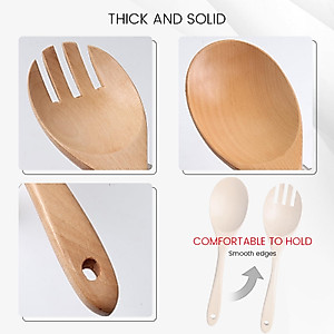HAKSEN Wooden Salad Tongs, 10.7in Salad Servers Salad Spoon and Fork Set for Mixing, Tossing and Cooking