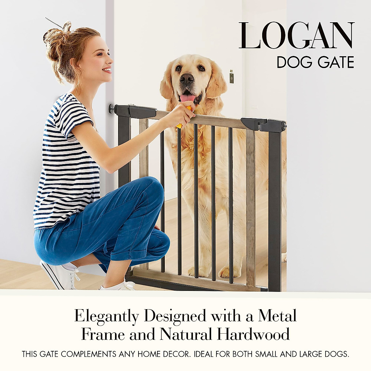 NMN Designs Logan Dog Gate - Indoor Pet Barrier and Wooden Dog Gate with Walk Through Swinging Door - Pressure Mounted for Walls and Stairs - Puppy Gates for The House - Expandable 29.5" to 51.5"