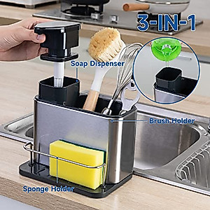 BIARTS Soap Dispenser for Kitchen Sink, 3-in-1 Sponge Holder for Kitchen Sink Caddy, Stainless Steel Kitchen Sink Organizer Tray Drainer Rack, Rustproof Dish Soap Dispenser Brush Holder Countertop