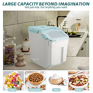 Sunnyray 4 Pcs 55 lbs Grain Rice Storage Container Blue Flour Bin with Wheels Cup Leak Proof Pet Food Storage Boxes Seal Locking Lid Plastic Rice Containers Set for Cereal Flour Cat Dog Food Kitchen