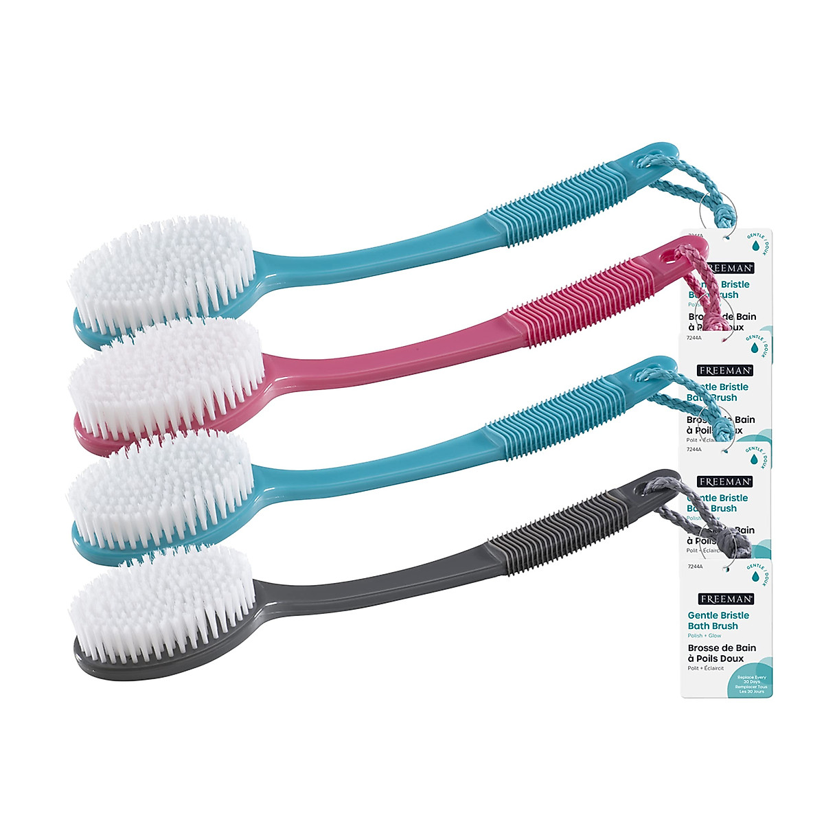 Freeman Gentle Bristle Bath Brush, Soft & Stiff Shower Bristles, Remove Dead Skin, Long Rubber Handle for Gripping, Gently Exfoliating for Back & Body, Stimulates Blood Circulation, 4 Count