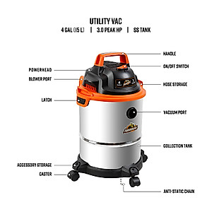 Armor All VO408S 0901 4 Gallon Wet/Dry Vac 3.0 Peak HP Shop Vacuum with 3 Nozzles and 1 Brush, Stainless Steel Tank, Orange