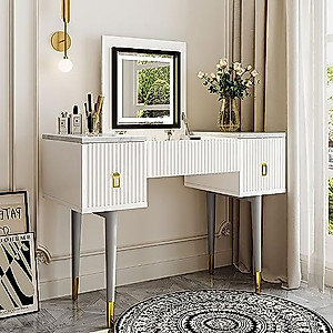 JIVOIT Vanity Table Set, 43.3" Modern Vanity Table Set with Flip-top Mirror and LED Light, Dressing Table with Customizable Storage, Vanity Dressing Table for Bedroom Women Girls (White+Gray 7)