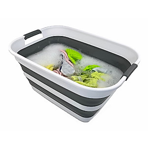SAMMART Collapsible Plastic Laundry Basket with Dual Grip Handles 27L (7.1 Gallons) -Foldable Pop Up Storage Container/Organizer - Portable Space Saving Washing Tub/Hamper (1, White/Steel Grey)