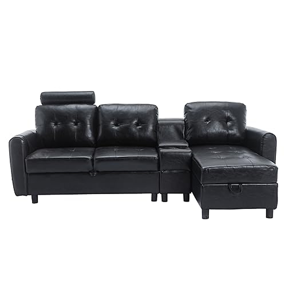 88.98" PU Leather Modular Sectional Sofa with Storage & Cup Holder, Convertible L Shaped Sofa Couch with Chaise, Modern Tufted Convertible Sleeper Sofa Set for Living Room,Black