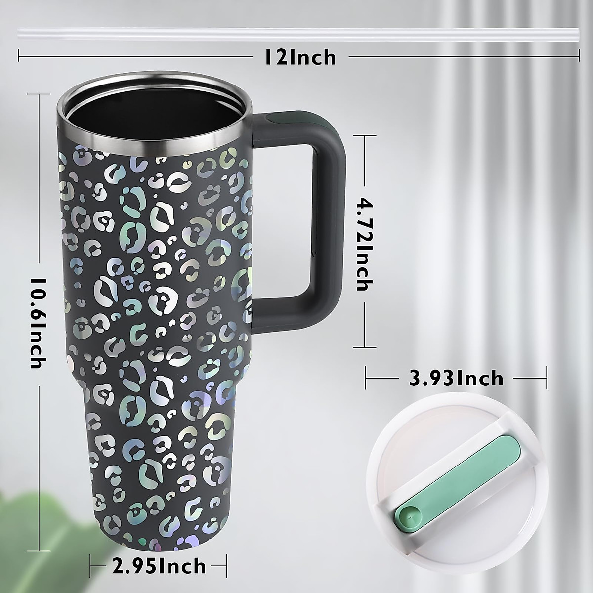 Ochapa 40 oz Tumbler with Handle Leopard Straw Lid Insulated Stainless Steel Vacuum Reusable Cup Holder Friendly Keep Drinks Cold Gifts for Women Lover Car Gym Travel, Cheetah Gray