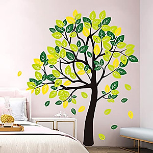 RW-2882 Giant Green Tree Wall Decals Big Tree Branches Leaf Wall Stickers DIY Removable Large Leaves Family Phote Art Wallpaper Decor for Kids Women Bedroom Living Room Nursery Office Home Decoration