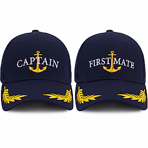 Captain Hat & First Mate | Matching Skipper Boating Baseball Caps | Nautical Navy Marine Sailor Hats (Navy Gold)