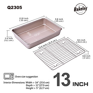 Bakeley Roasting Pan with Rack, Non-Stick Rectangular Deep Dish Oven-BBQ Bakeware for Oven Baking 13.78" x 9.84" x 2.36" (Champagne Gold)