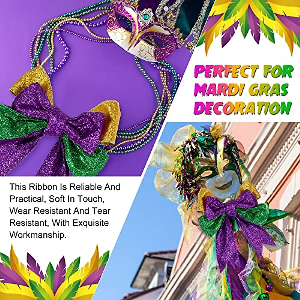 3 Roll 30 Yards Halloween Glitter Wired Ribbon Halloween Party Favors Decor Gift Wrapping Ribbon for Craft Headband Bow Decor (Gold, Purple, Green, 1.5 Inch)