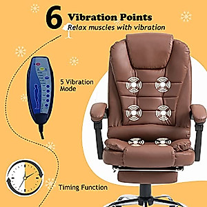 Joyo Funiture Vibration Massage Office Chair, Reclining Office Chair w/Footrest, High-Back Office Chair, PU Leather Computer Desk Chair w/Height & Armrest Adjustable, 250 lb Capacity, Brown