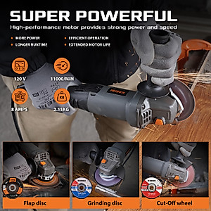 KSEIBI 711943K Angle Grinder Tool - 4 1/2 inch, 950W, 8Amps, 11000RPM, Corded Power Tools Long Handle with 7/8" Arbor Grinding and Cutting Wheels, Flap Disc, Quick Adjustable Guard, and Storage Bag