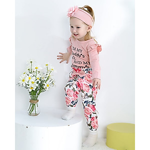 SUNNY PIGGY Baby Girl Clothes Newborn Outfit Infant Winter Fall One Piece Set Letter Print Flower Pants Set Long Sleeve Romper Baby Girl's Clothing with Headband 0-3 Months Pink 4PCS
