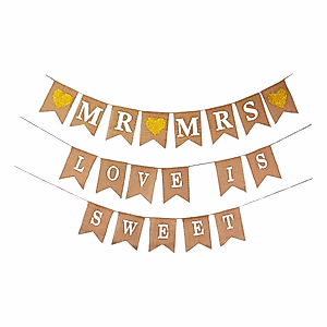 Love is Sweet Sign Banner – Mr and Mrs Burlap Banner Sign Rustic Decoration for Wedding Party Table Photobooth Props Home Wall by Mandala Crafts