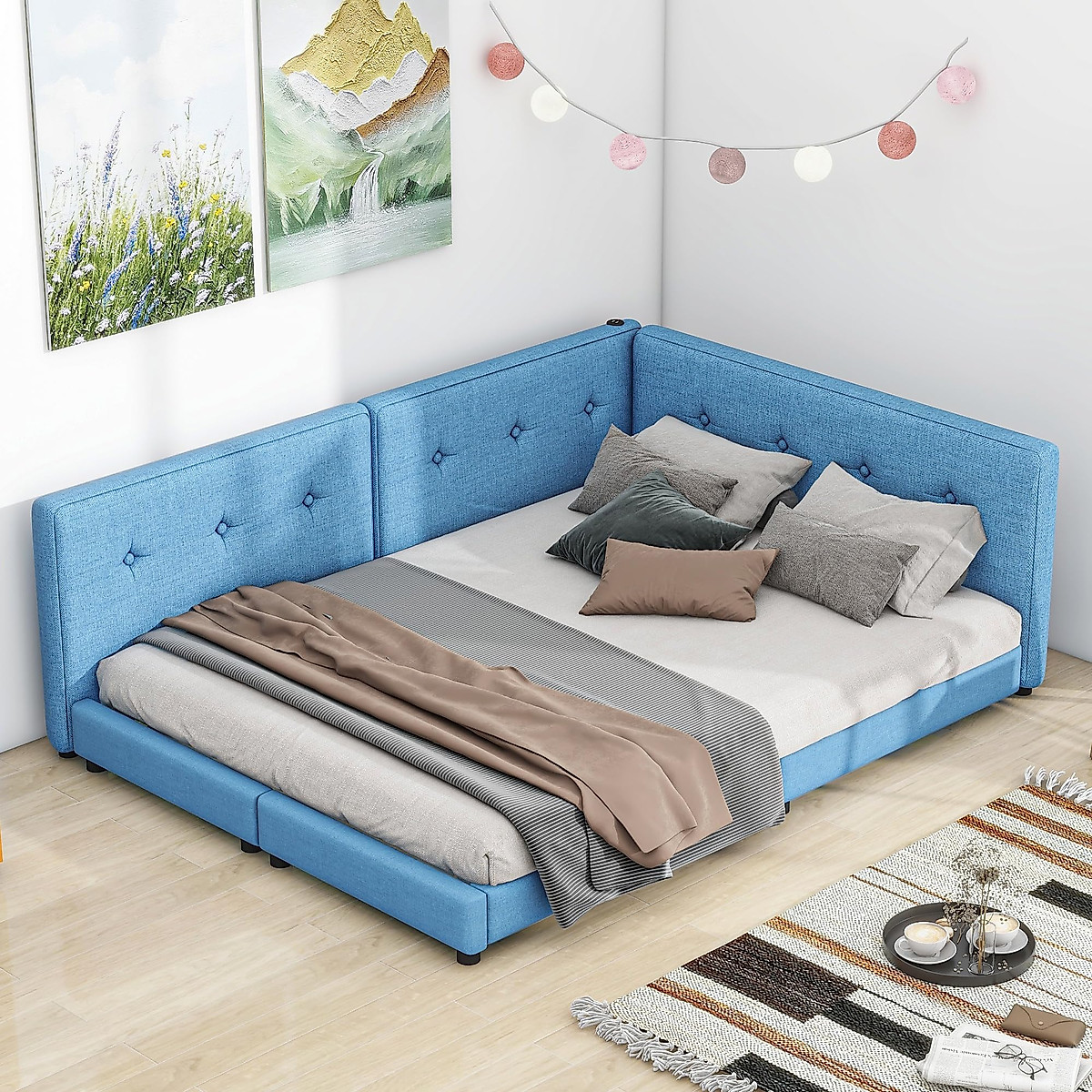 Merax Modern Upholstered Queen Size Platform Bed with USB Ports/Wood Slat Support/Queen,Blue