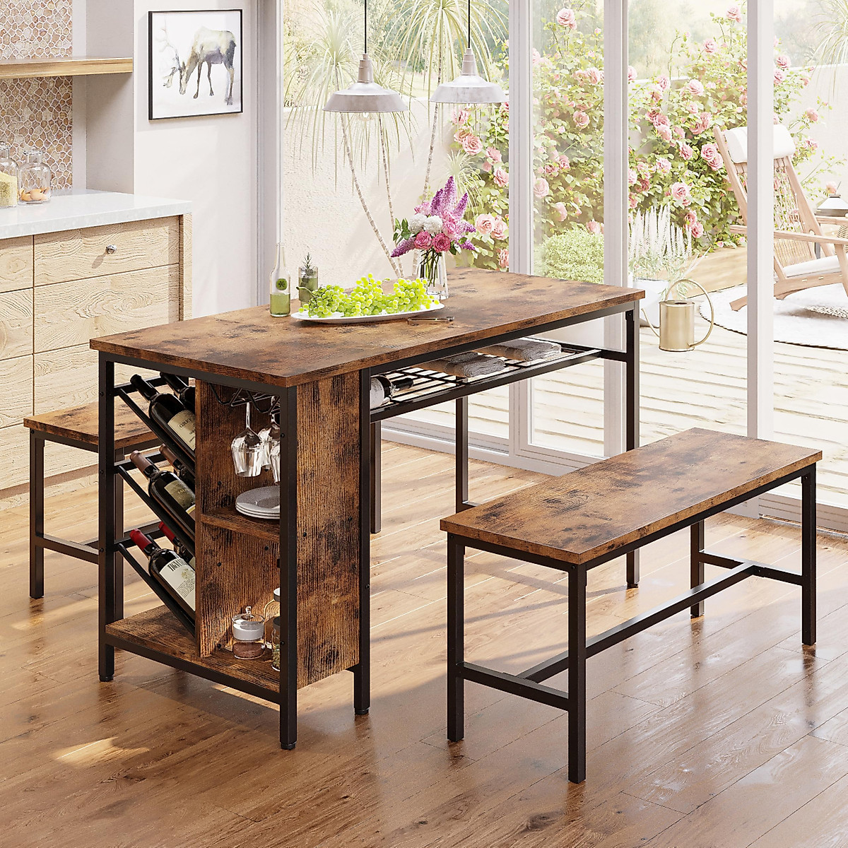 IRONCK 3-Piece Dining Table Set for 4, 47inch Kitchen Table with 2 Benches, Wine Rack and Glass Holder, Space-Saving Dinette for Dining Room, Apartment, Vintage Brown