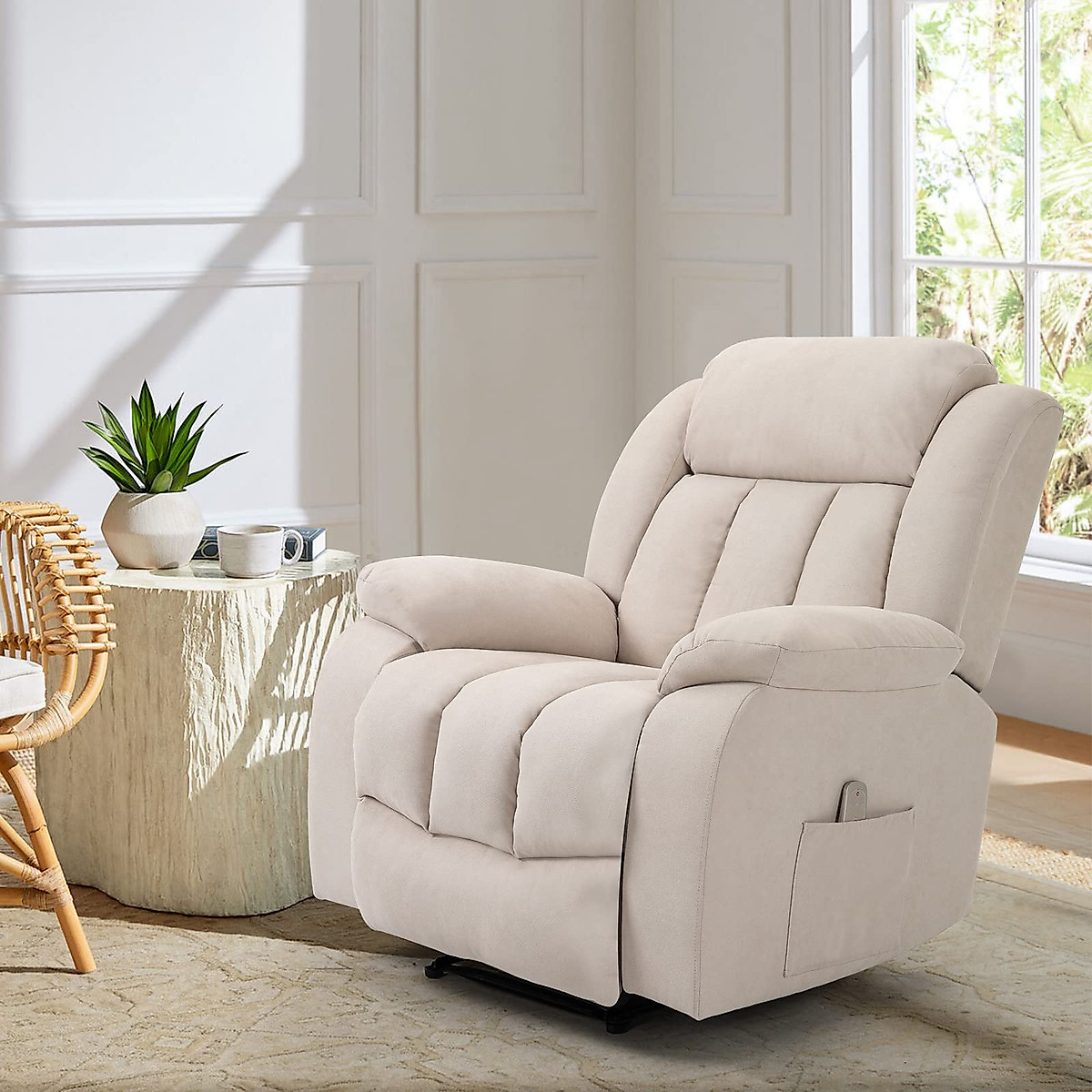 HOMHUM Massage Recliner Chair, Linen Fabric Recliner Chair modern rocker recliner chair with Heat and Vibration Function, Side Pockets Sofa Chair for Home Theater, Living Room, Beige