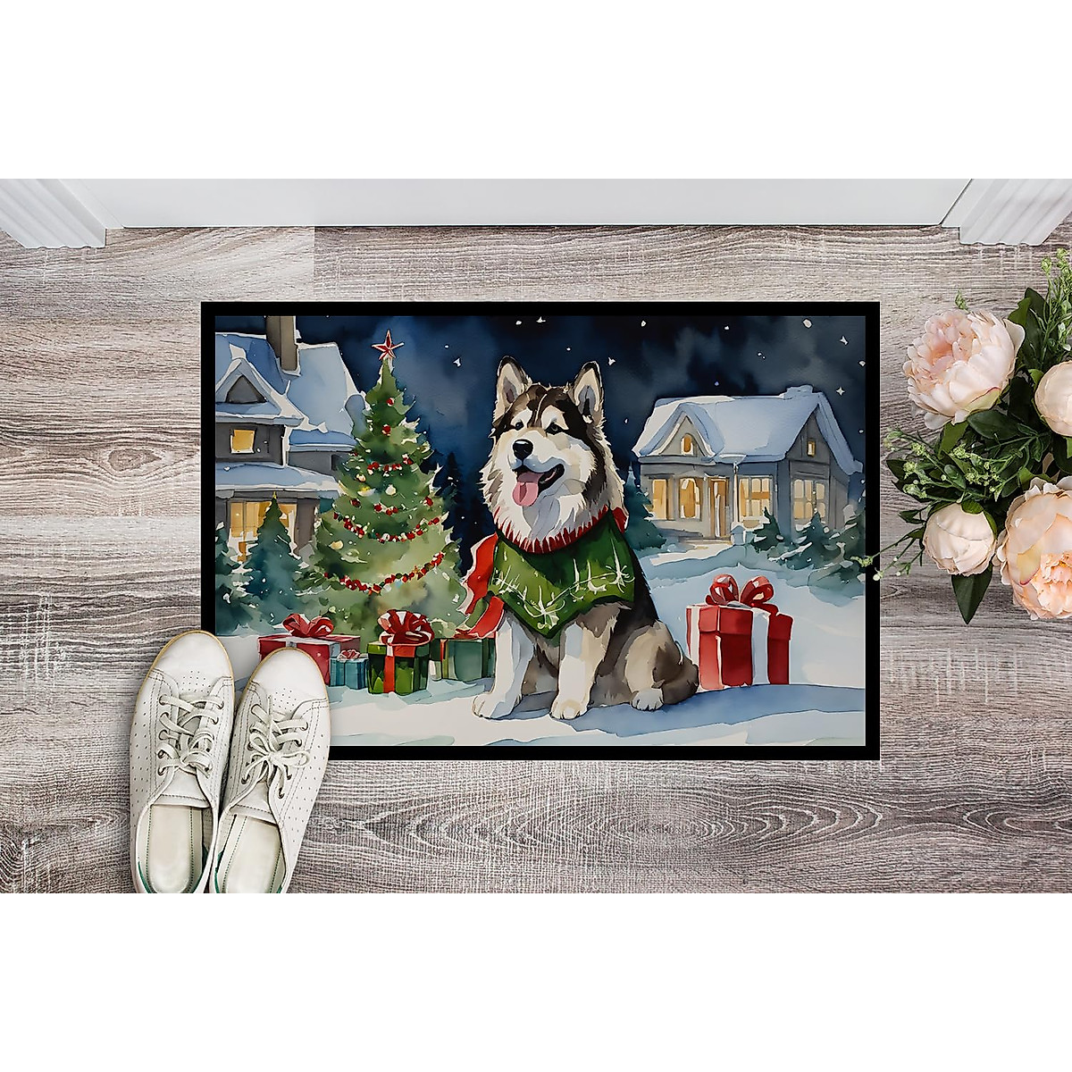 Caroline's Treasures DAC2592MAT Alaskan Malamute Cozy Christmas Doormat Front Door Mat Indoor Outdoor Rugs for Entryway, Non Slip Washable Low Pile, 18H X 27W