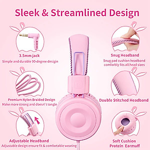 POWMEE M1 Kids Headphones Wired Headphone for Kids,Foldable Adjustable Stereo Tangle-Free,3.5MM Jack Wire Cord On-Ear Headphone for Children (Pink)