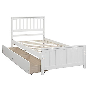 Harper & Bright Designs Twin Bed Frame with Storage, Solid Wood Platform Bed Frame with 2 Drawers, Headboard for Kids, Teen, Adults, No Box Spring Needed, White